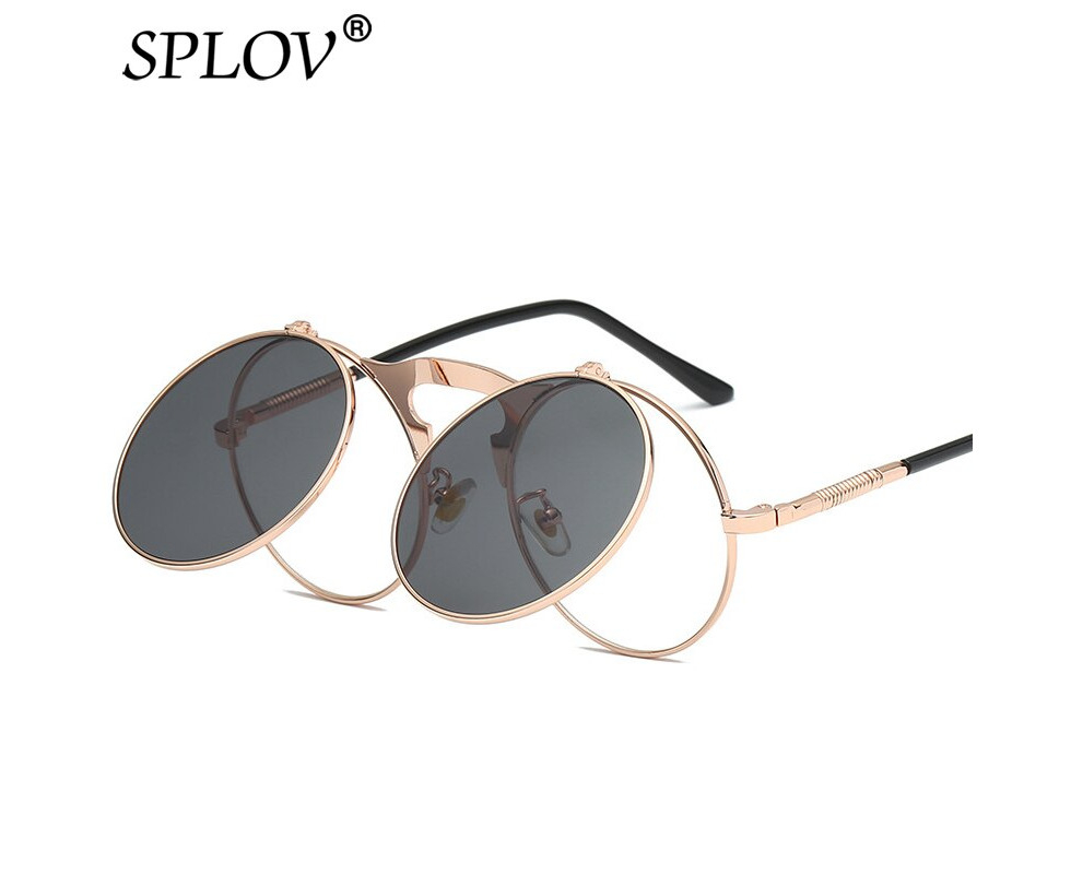 Splov Vintage Steampunk Flip Up Men Sunglasses Women Retro Round Metal
