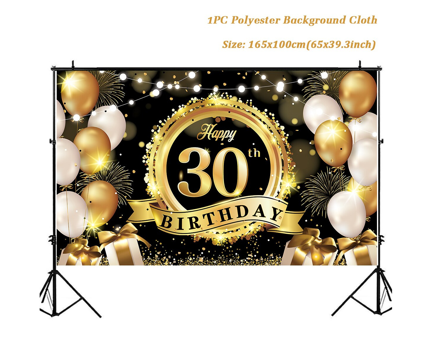 Happy Birthday Backdrop Banner Large Black Gold Balloon Star Poster