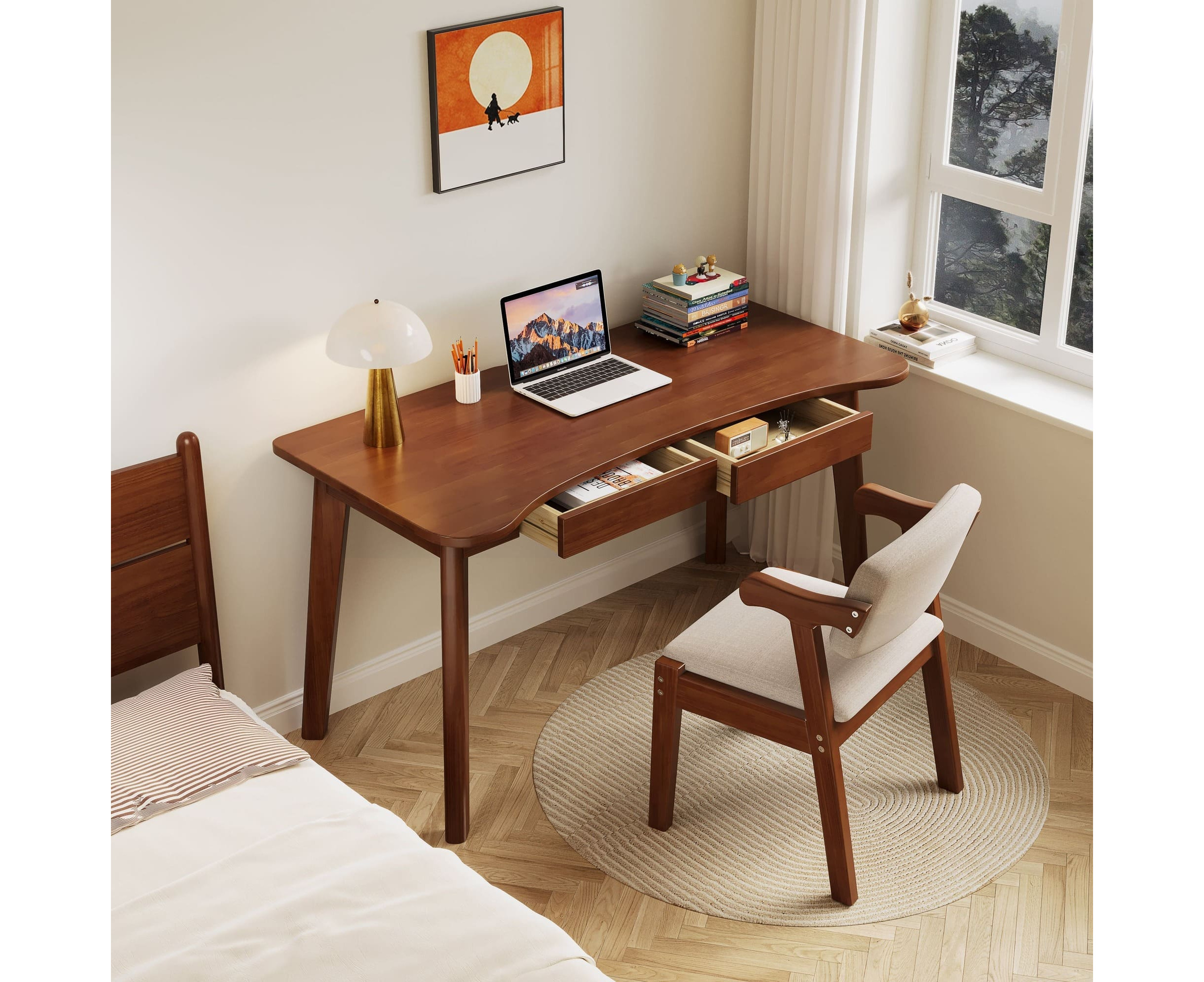 Draylen Walnut Solid Wood Study Desk with Drawers/Rubberwood/Curved/1M ... Draylen Walnut Solid Wood Study Desk with Drawers/Rubberwood/Curved/1M ...